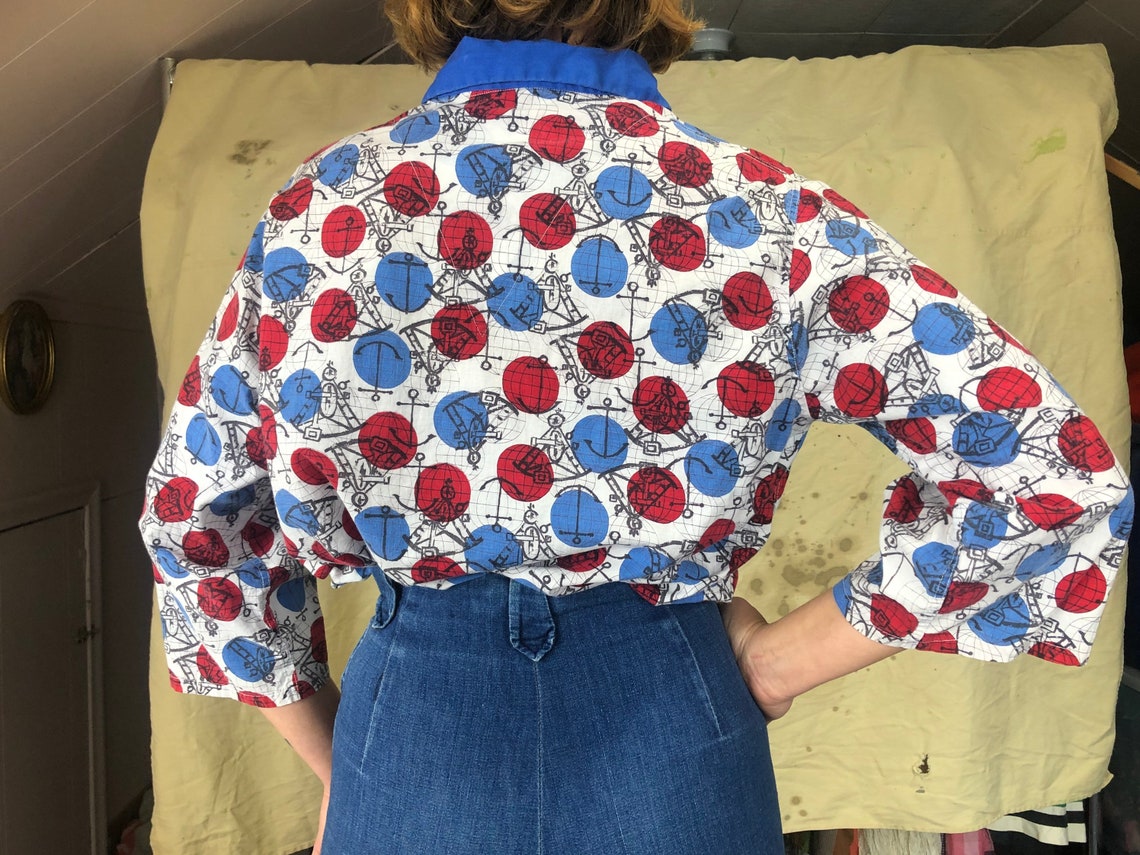 1950s Cotton Anchor Print Novelty Print Top Button Down Blouse | Etsy
