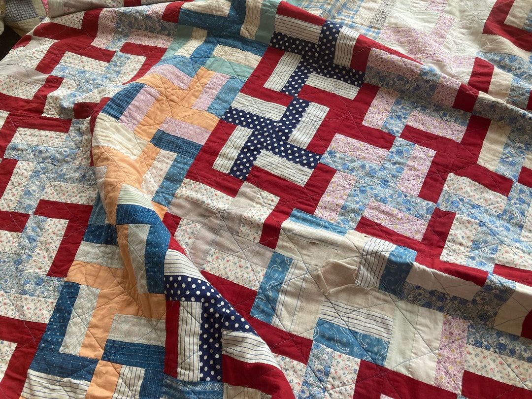 40s Cotton Feedsack & Calico Quilt Whirling Star / Log Pattern Red Blue ...