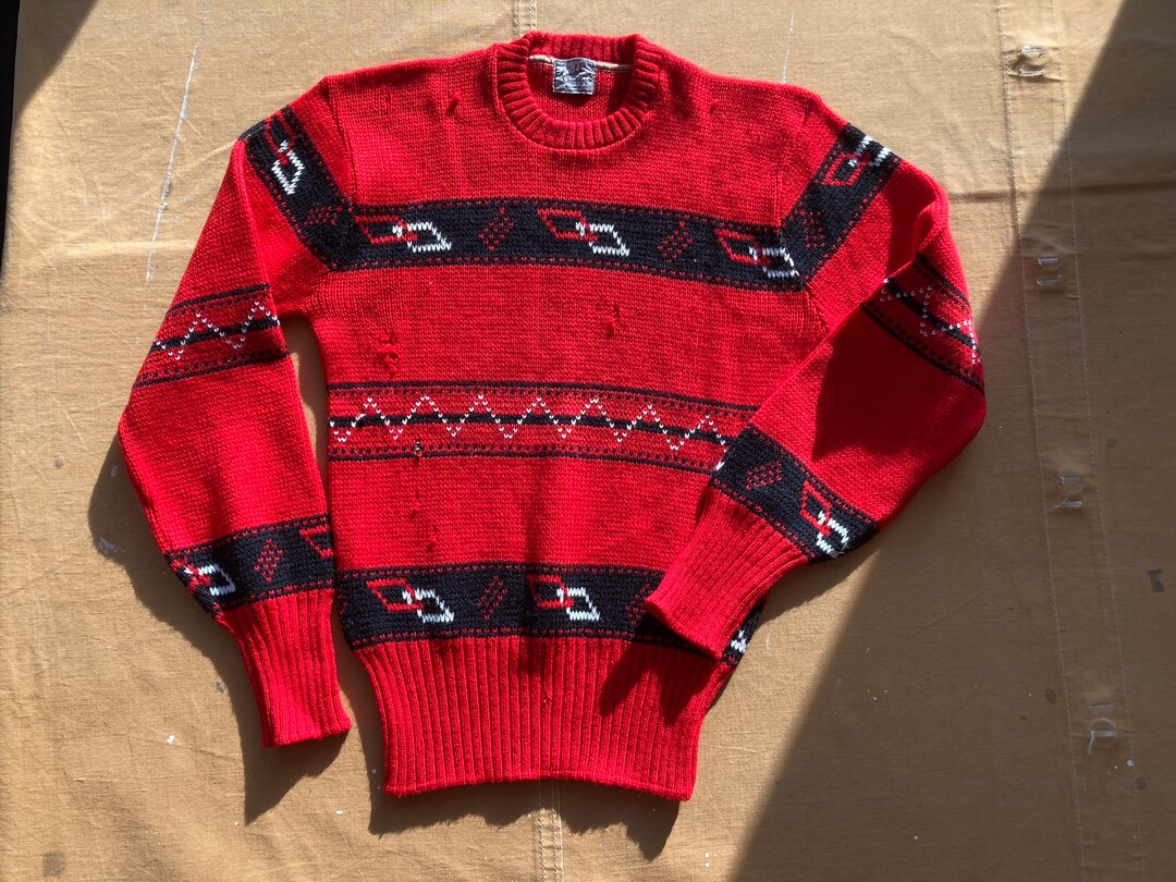 S 1940s Patterned Wool Sweater Geometric Picture Knit Ribbed Black and ...