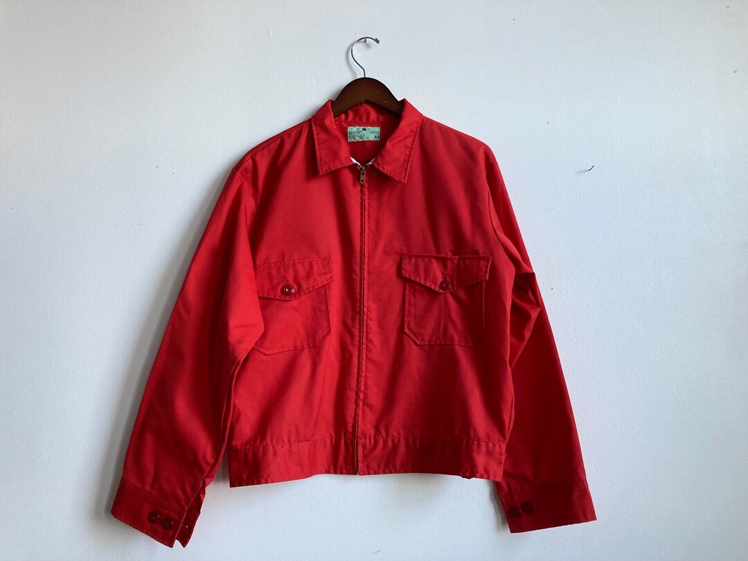 70s Two Pocket Work Jacket Mechanics Jacket Red Gas Station Jacket Poly ...