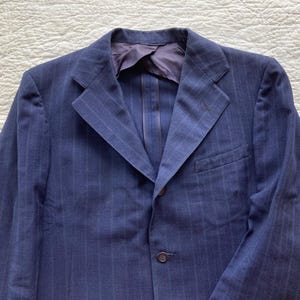 Size 40 30s 40s Striped Navy Blue Wool Suit Jacket Sport Coat Curlee ...