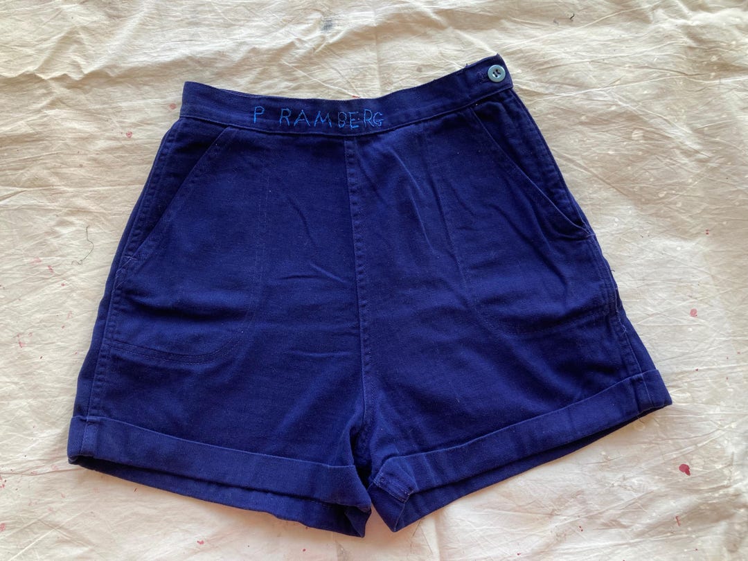 26 1950s Side Zip Shorts Navy Blue Cotton Twill With Hand-embroidered ...