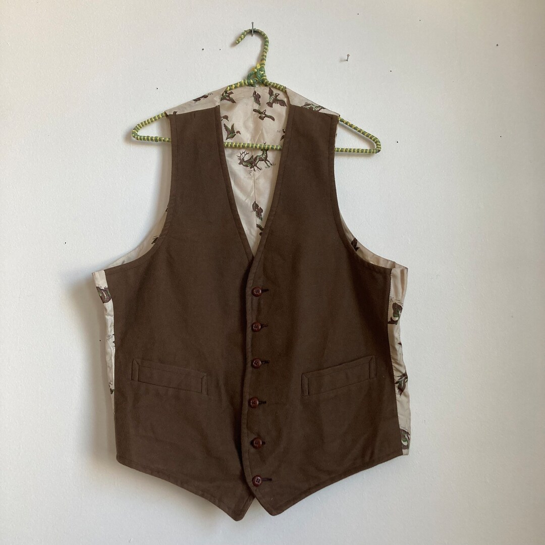 M L Vintage Moleskin Hunting Vest With Novelty Print Back Birds Elk ...
