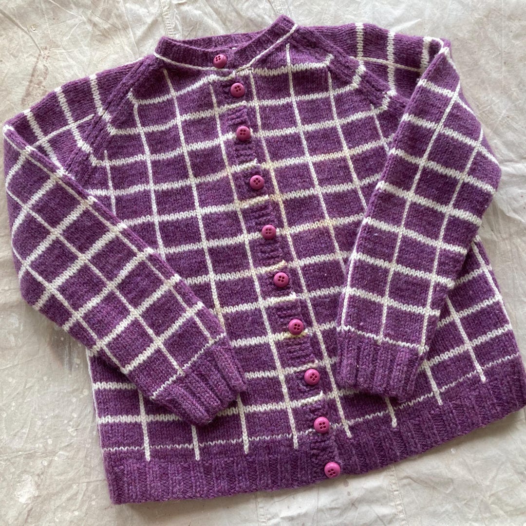 M/L 60s Handknit Wool Cardigan Purple & White Window Pane Pattern 1960s ...