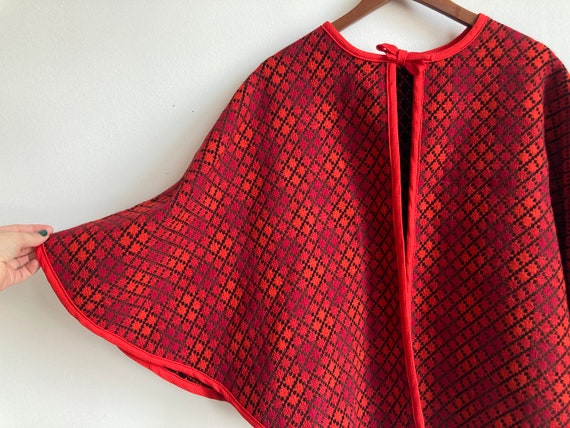 60s Reversible Wool Cape Neon Red Cloak Geometric Wea… - Gem