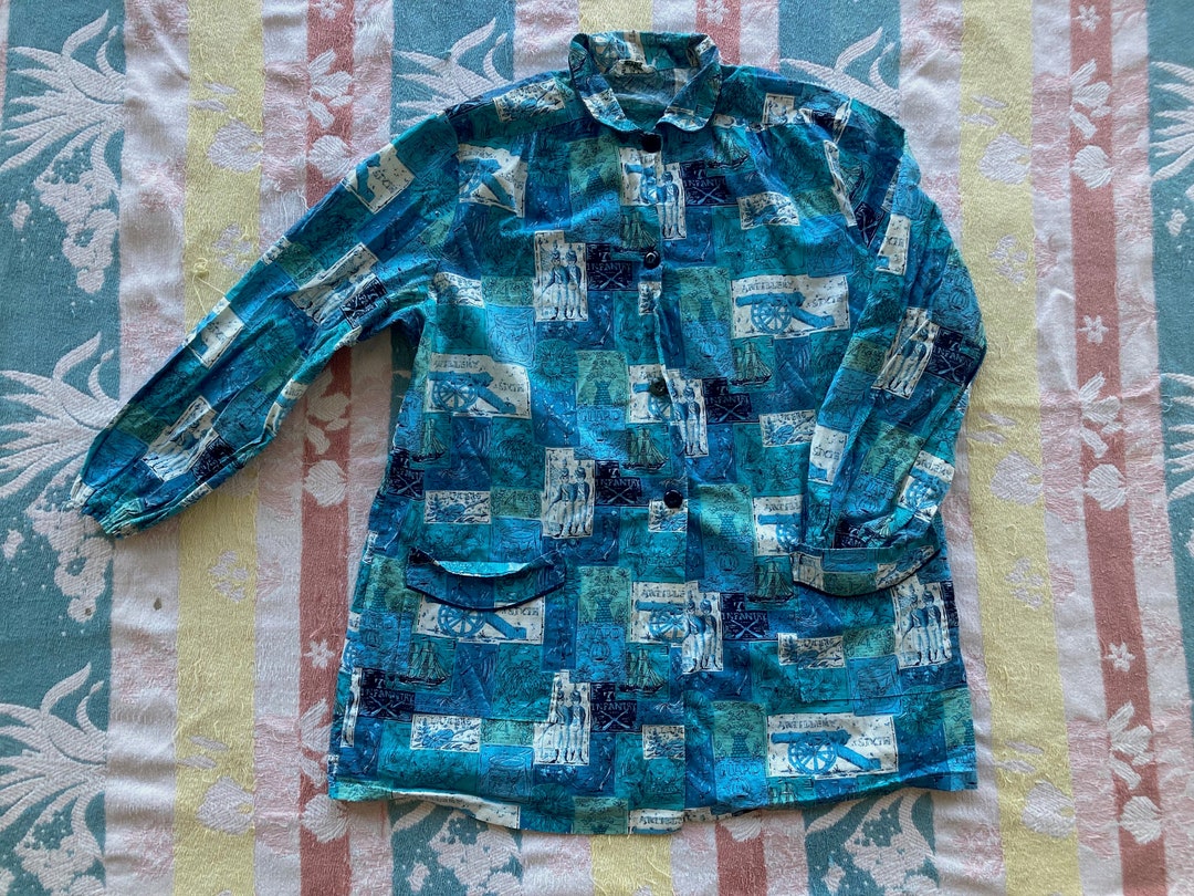 M L 40s 50s Cotton Artist Smock With Novelty Print Blue Green Rounded ...