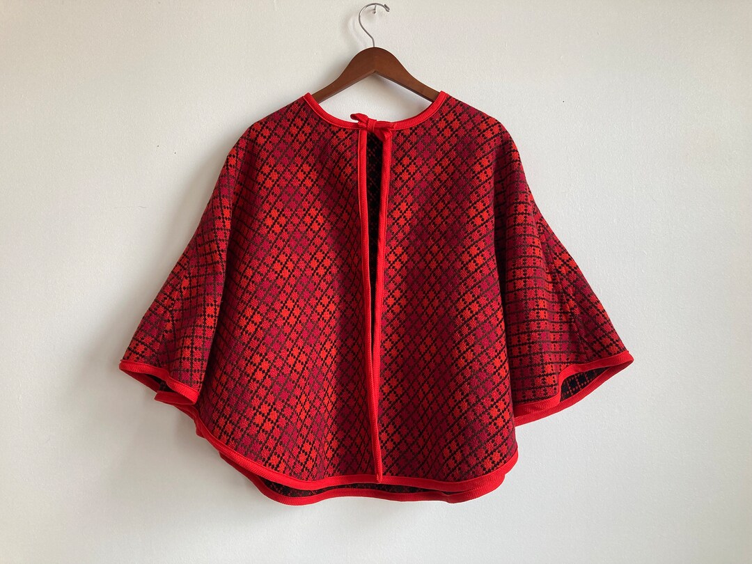 60s Reversible Wool Cape Neon Red Cloak Geometric Weave Shawl Mod ...