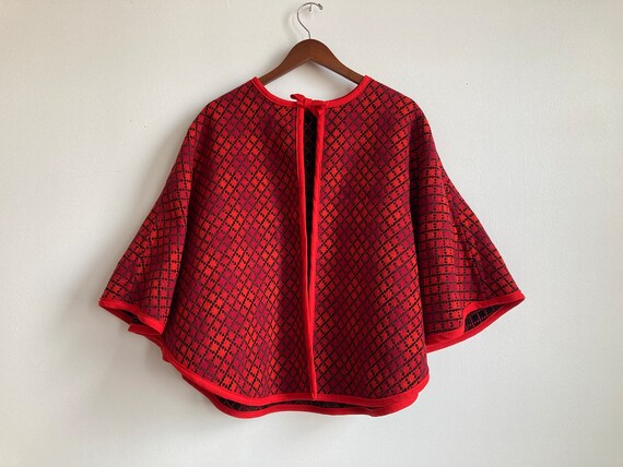 60s Reversible Wool Cape Neon Red Cloak Geometric Wea… - Gem