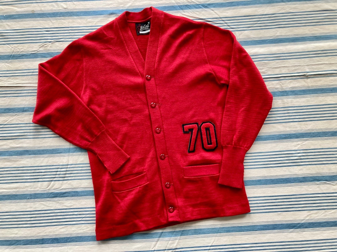M 40s 50s Red Wool Collegiate Cardigan #70 V-neck Sports Sweater Jumper ...