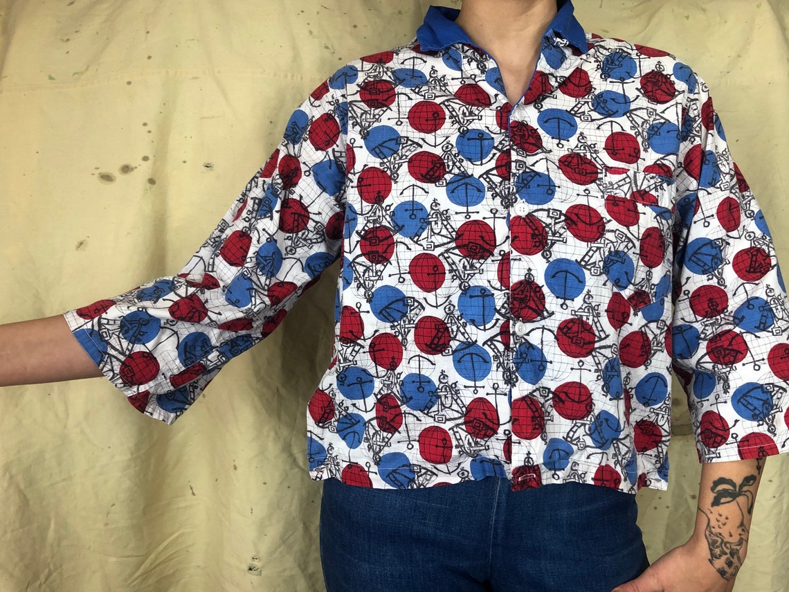 1950s Cotton Anchor Print Novelty Print Top Button Down Blouse | Etsy