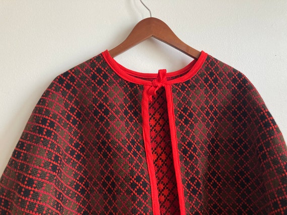 60s Reversible Wool Cape Neon Red Cloak Geometric Wea… - Gem