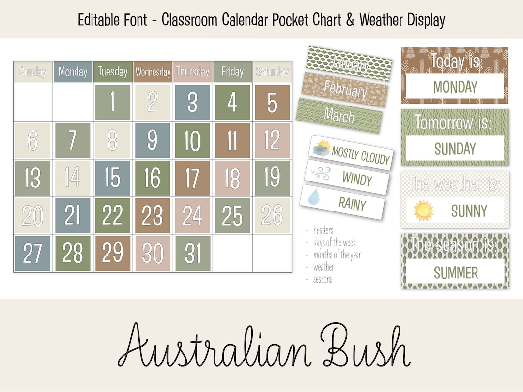 AUSTRALIAN BUSH Classroom Calendar Pocket Chart Australian Koala ...