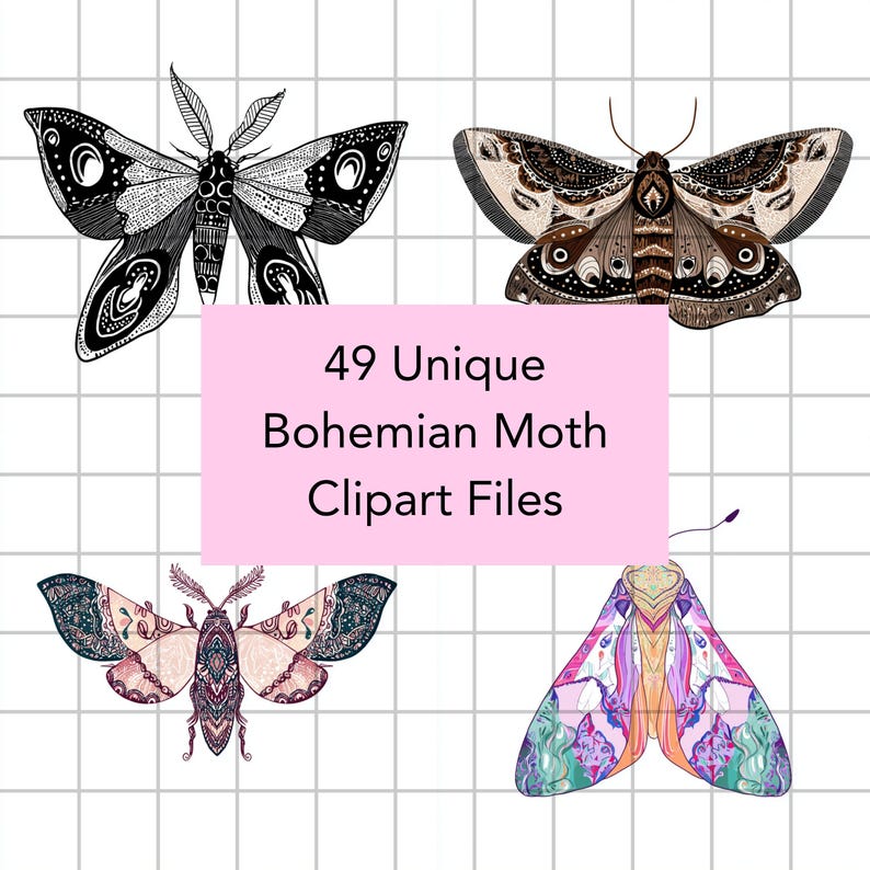 Bohemian Moth Clipart Bundle – 50 PNG Files | Boho Insect Graphics for ...