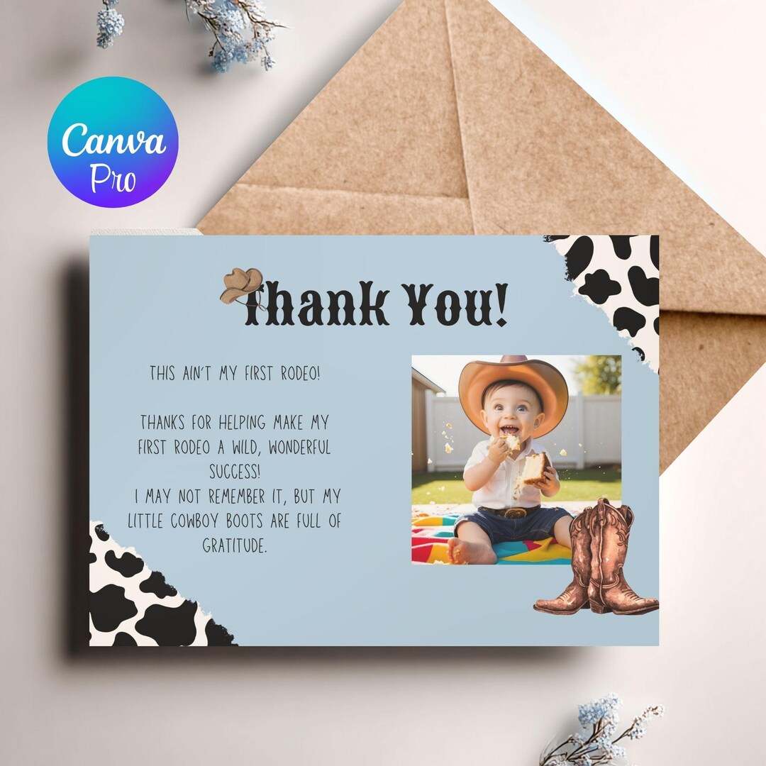 My First Rodeo Birthday Thank You Cards | Blue Western Cowboy Party ...