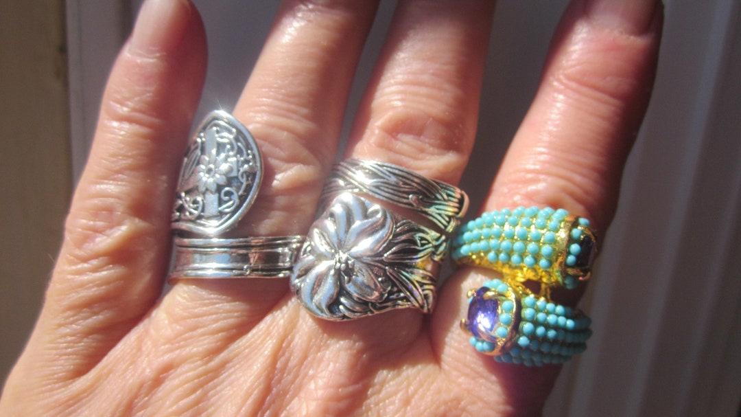 Gift for Her Cocktail & Large Silver P. Adjustable Spoon Rings Style ...