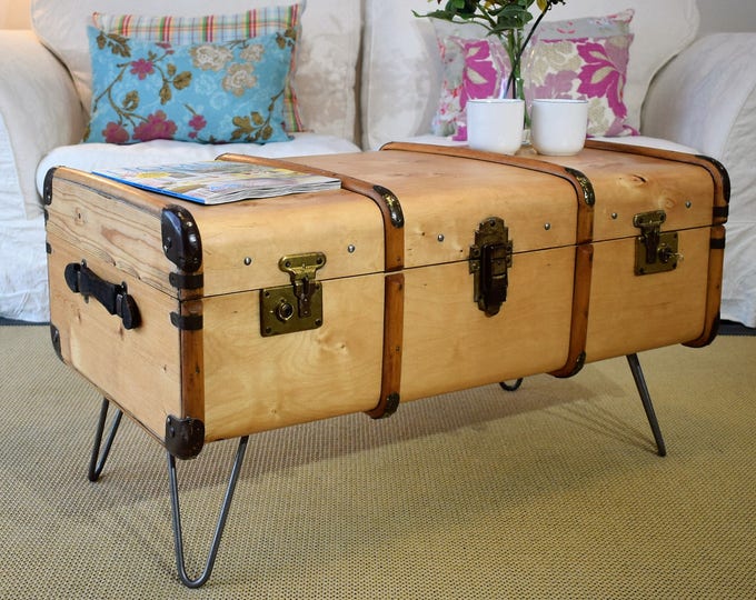 Vintage Bentwood Steamer Trunk & KEY Travel Chest Wooden COFFEE TABLE ...