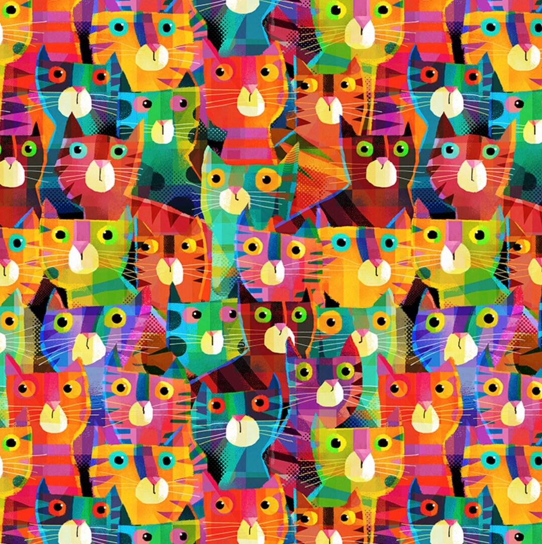 Catsville Clutter Cats fat Quarter rainbow 53483D-4 by Gareth Lucas for ...