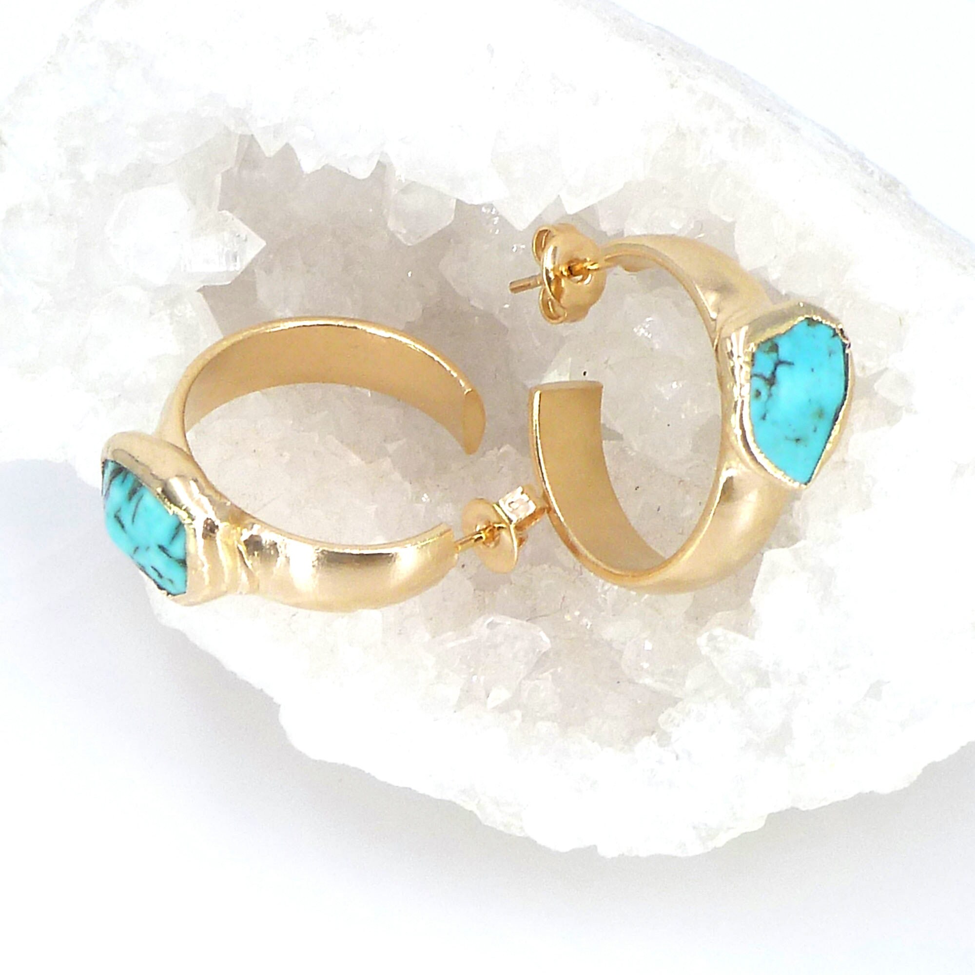 Turquoise Earrings Turquoise Hoop Earrings Gold Hoop | Etsy