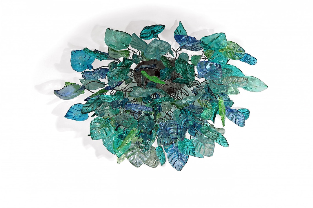 Blue Ceiling Flush Mount Lighting With Sea Color Flowers and Leaves for ...