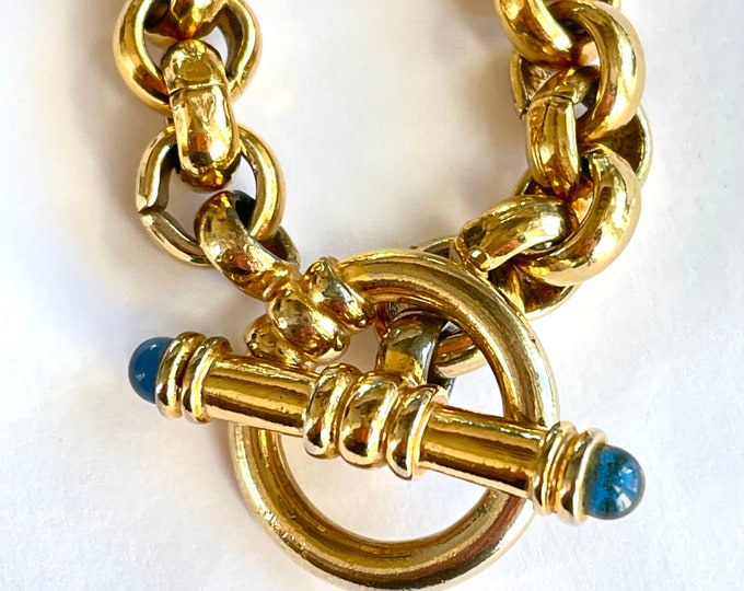 Vintage Gold Toggle Necklace, Heavy Gold Chain, Cobalt Glass Cabs ...