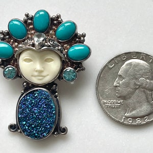 Sajen Moon Face Pendant Brooch, Blue Topaz Stone, Blue Druzy, Turquoise ...