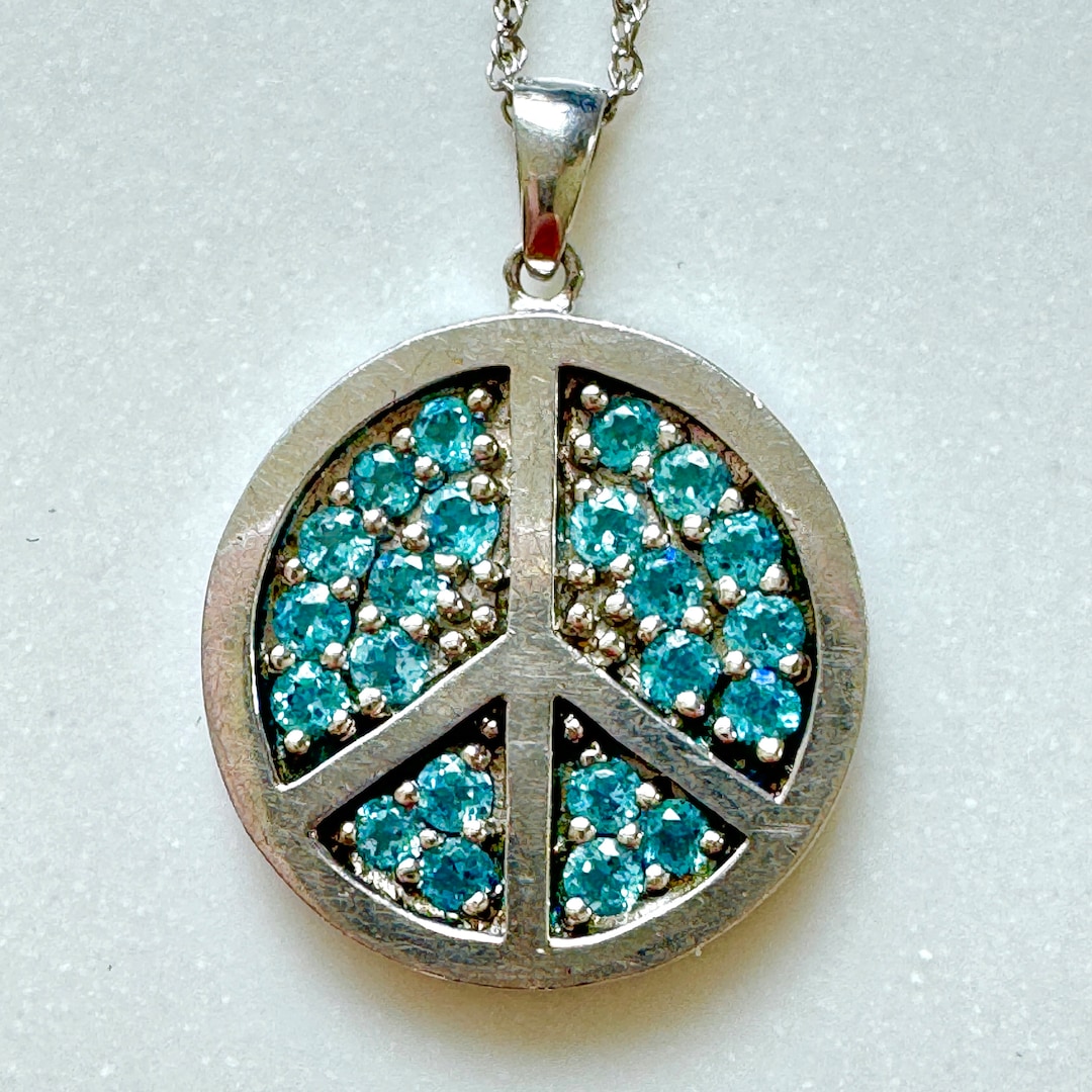Vintage Peace Sign Pendant Necklace, Sterling Silver Blue Topaz Peace ...