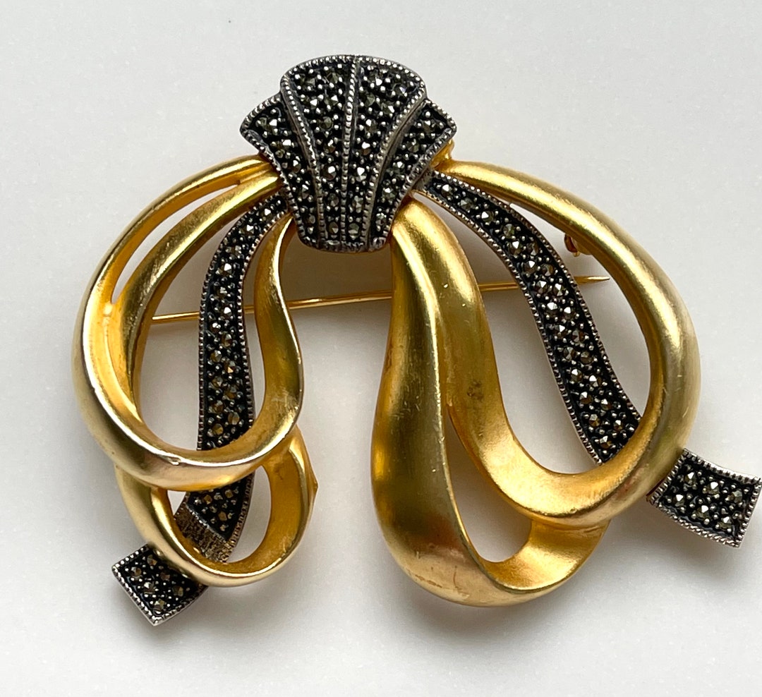 Judith Jack Modernist Bow Brooch, Large Gold Plated Sterling Marcasite ...