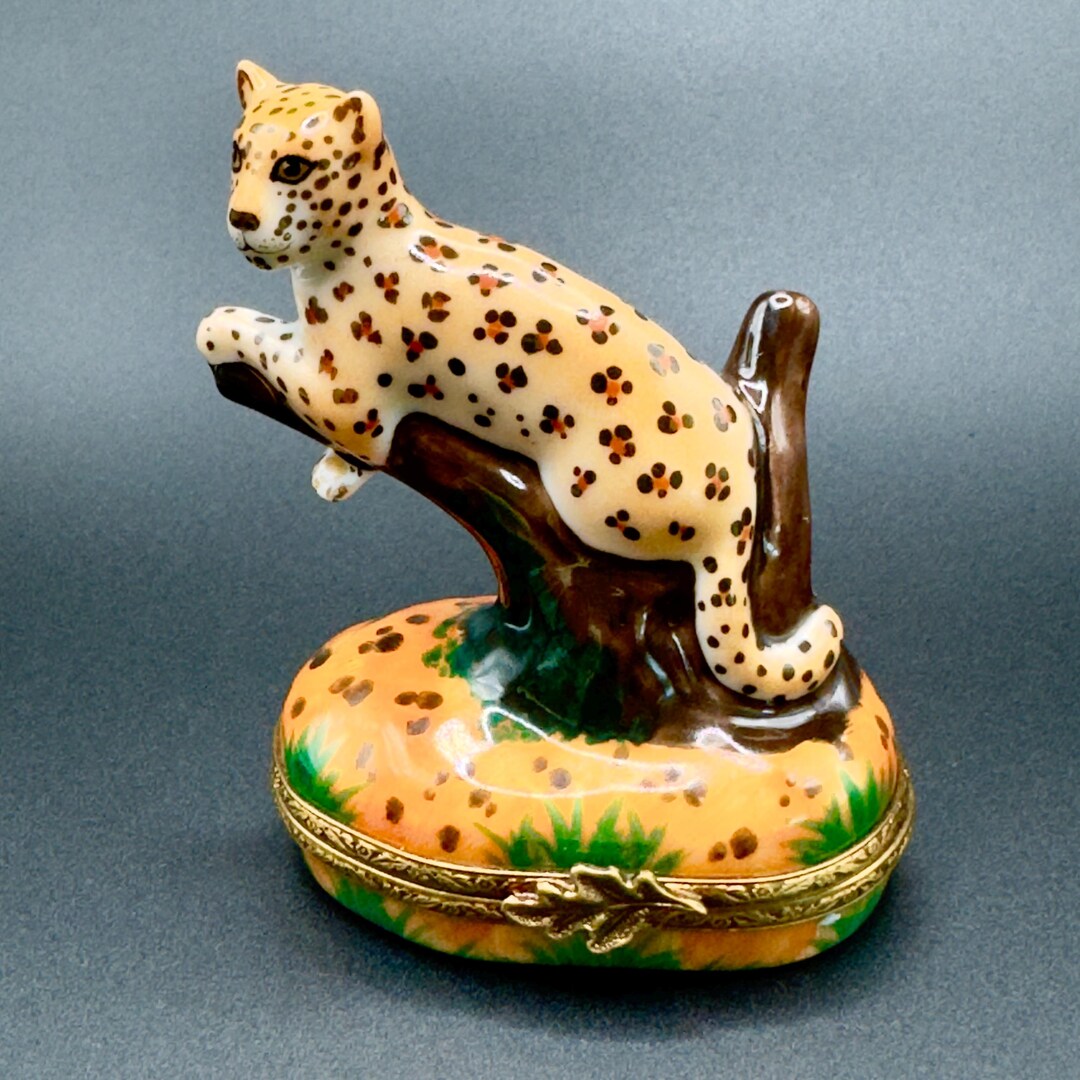 Limoges Cheetah Box, Cheetah on Log Trinket Box, Cardinet Limoges ...