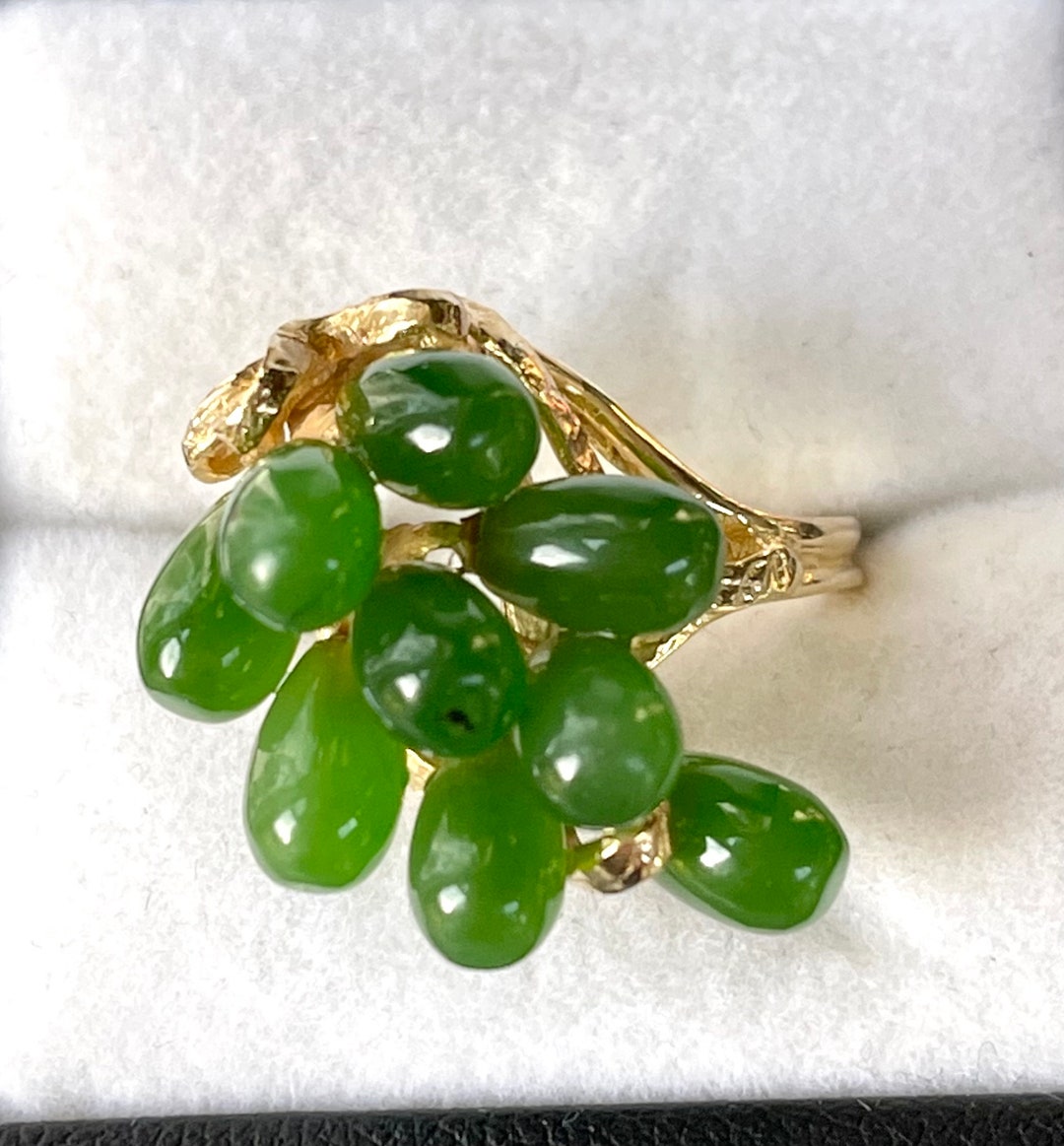 Vintage 14K Gold Jade Ring, Chunky Jade Grape Cluster Ring, Raised Open ...