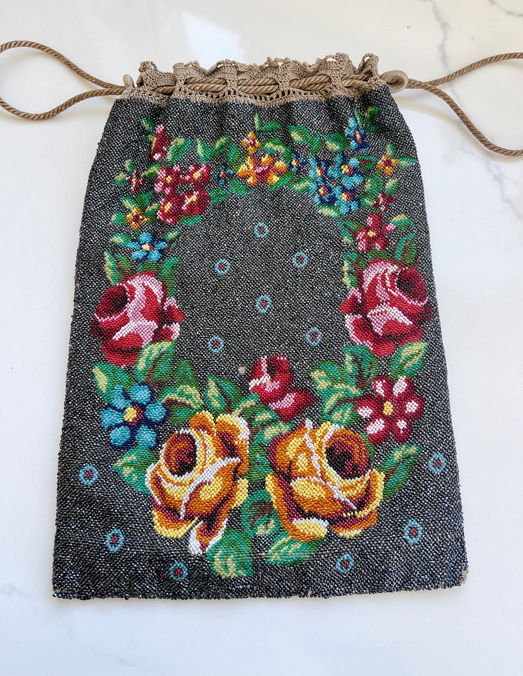 Antique Beaded Handbag, Micro Bead Floral Beaded Bag, Crochet Top ...