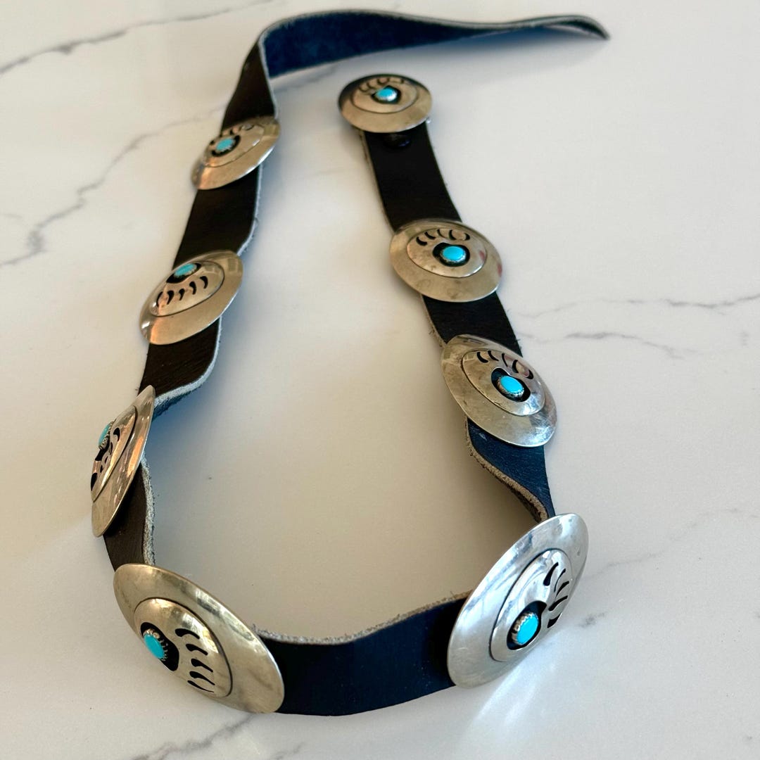 Navajo Concho Belt, Sterling Turquoise Bear Claw Coins, 36 Inch Leather ...