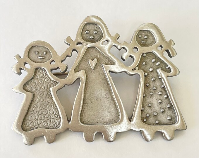 Pewter Sisters Brooch, Three Sisters, Friends Pin, Vintage Sister Love ...