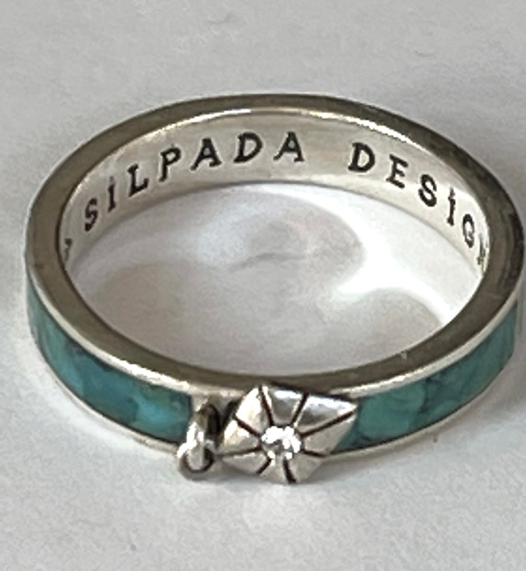 Silpada Sterling Charm Ring, Turquoise Inlay Ring, CZ Dangle Charm ...