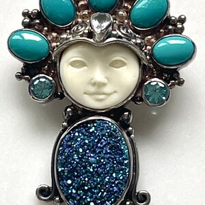 Sajen Moon Face Pendant Brooch, Blue Topaz Stone, Blue Druzy, Turquoise ...