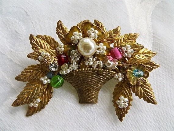 Miriam Haskell Brooch Floral Basket Seed Pearls Etsy