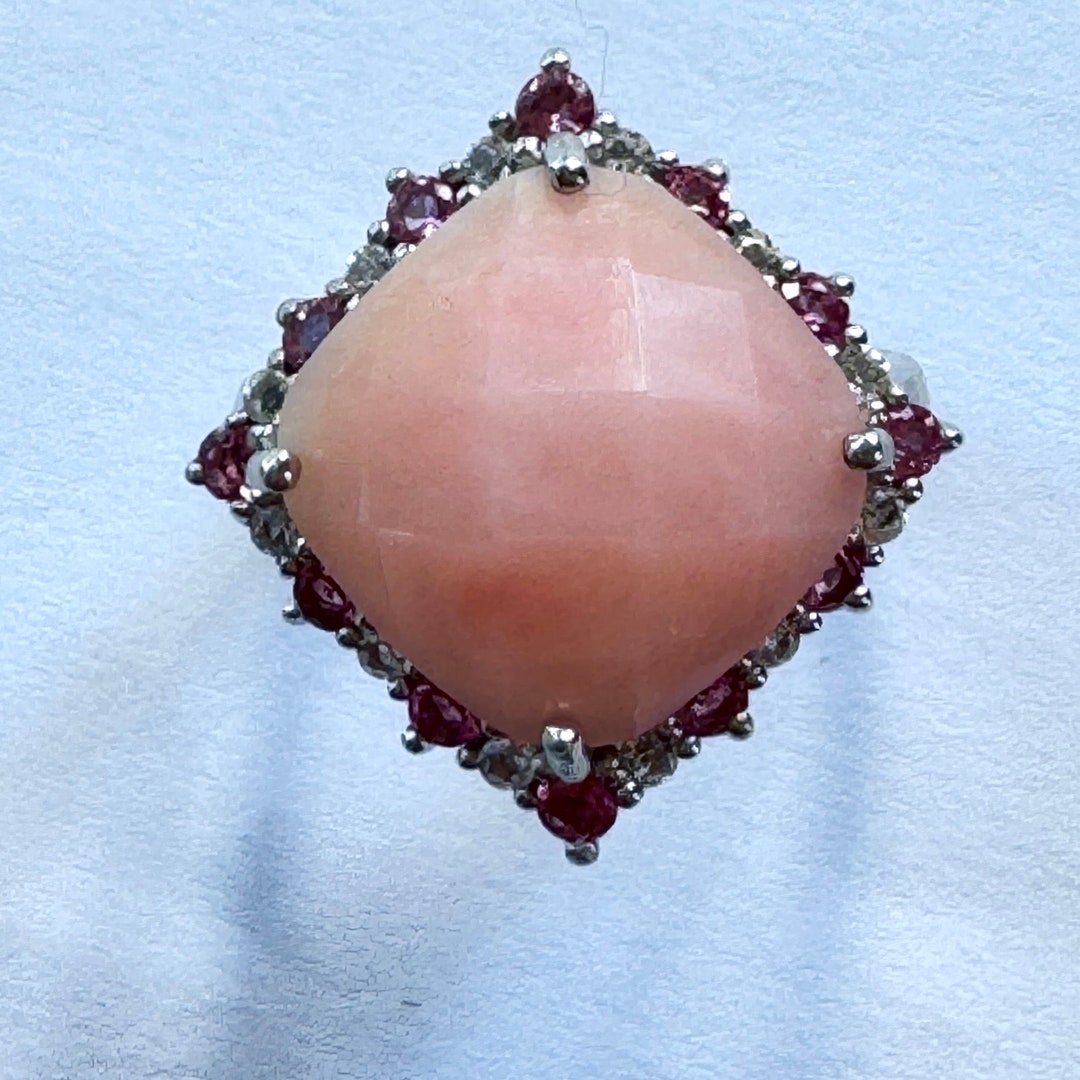Art Deco Sterling Silver Peruvian Opal Ring, Pink and White Topaz ...