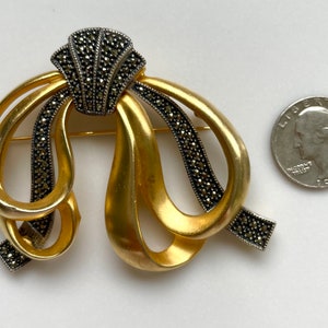 Judith Jack Modernist Bow Brooch, Large Gold Plated Sterling Marcasite ...