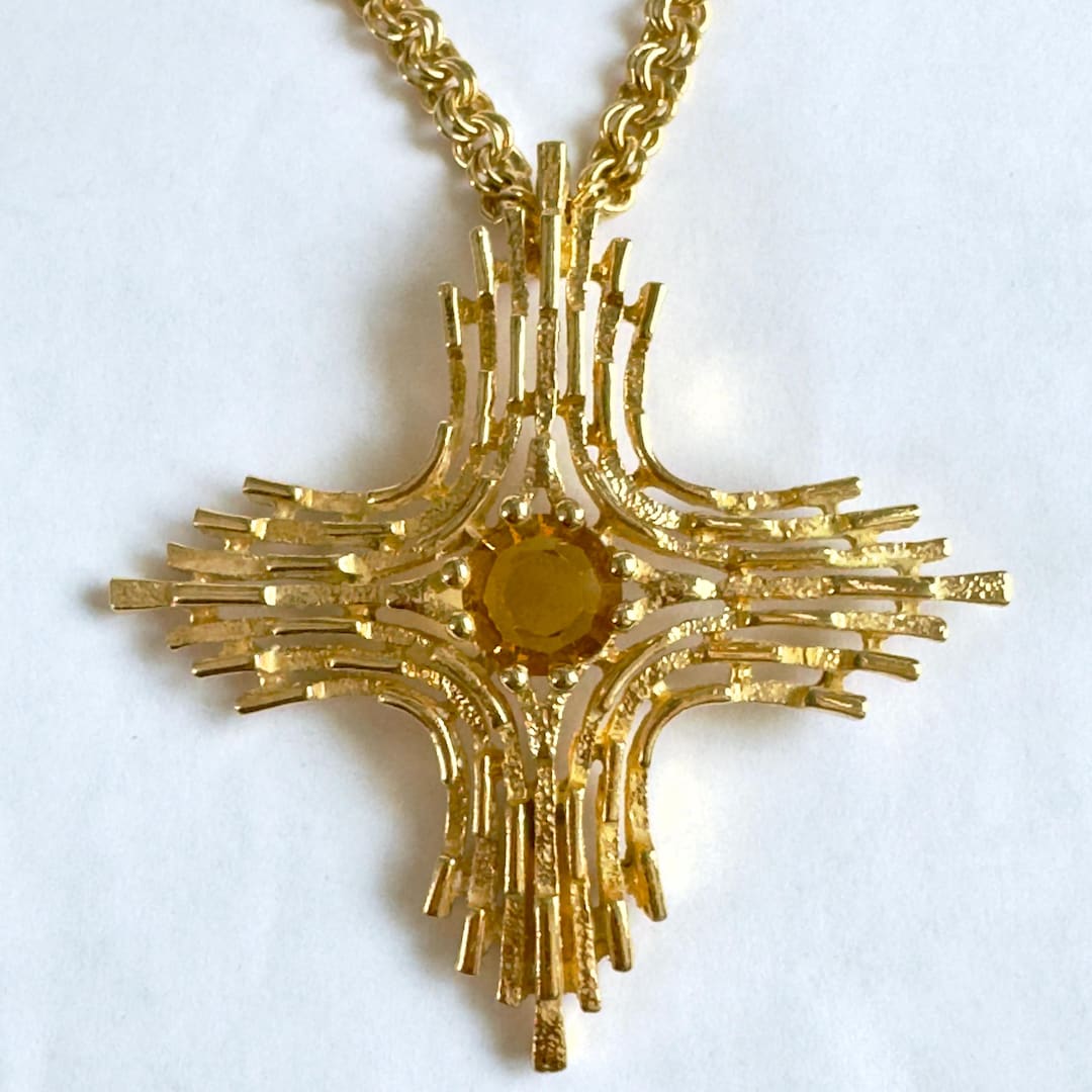 Sarah Coventry Omega Cross Necklace, Topaz Glass Center, Vintage ...