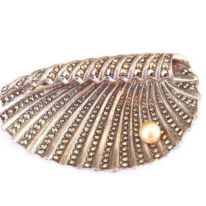 Art Deco Shell Brooch, Sterling Silver Marcasite Shell With Faux Pearl ...