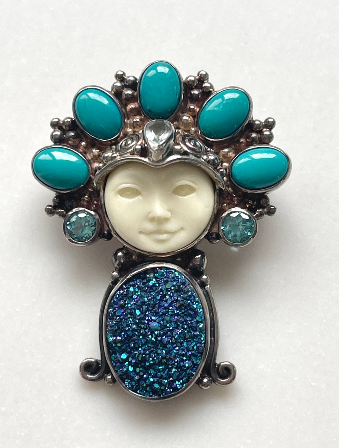 Sajen Moon Face Pendant Brooch, Blue Topaz Stone, Blue Druzy, Turquoise ...