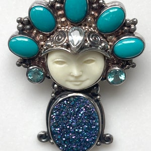 Sajen Moon Face Pendant Brooch, Blue Topaz Stone, Blue Druzy, Turquoise ...