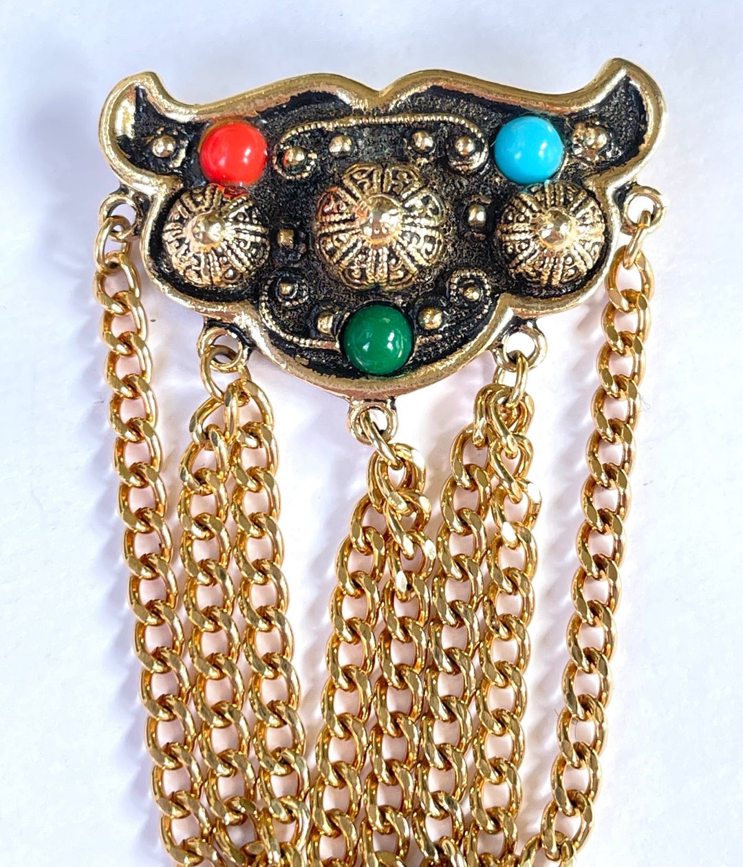 Vintage Heraldic Brooch, Dangle Chains, Signed Emmons, Vintage Etruscan ...