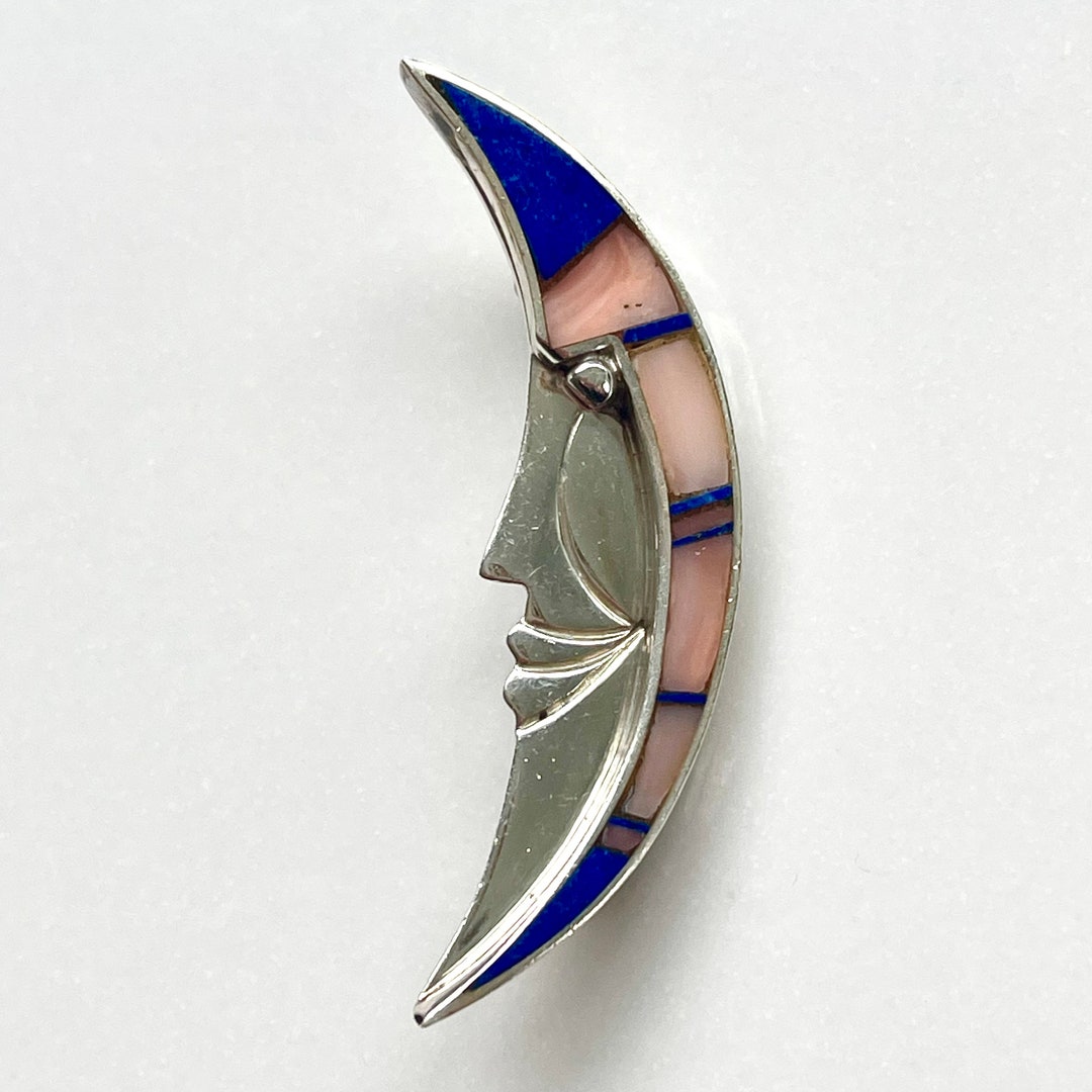 Celestial Sterling Crescent Moon Brooch, Gemstone Inlay, Native ...