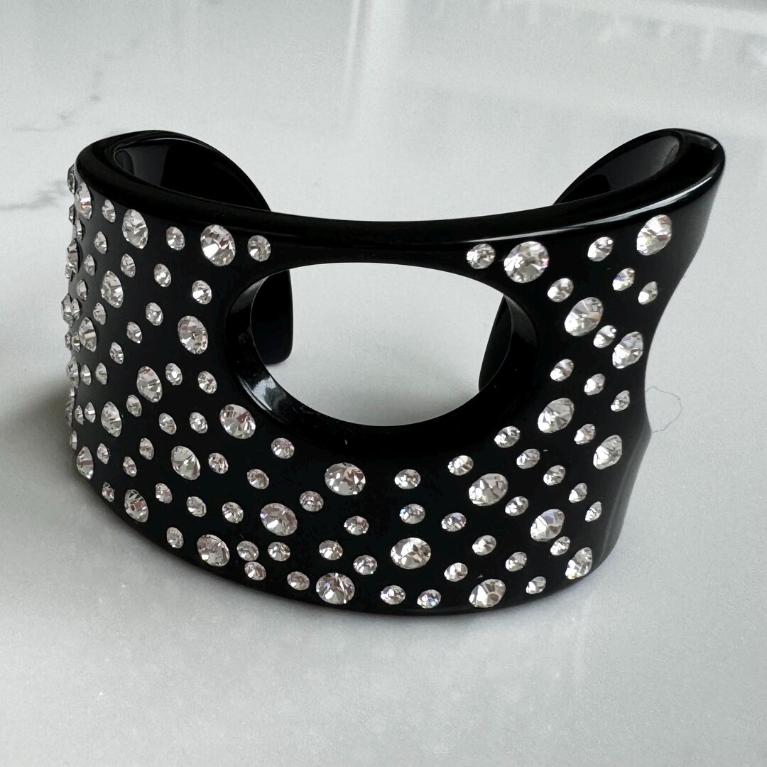 Black Lucite Rhinestone Cuff, Open Circles, Black Bracelet, Vintage ...