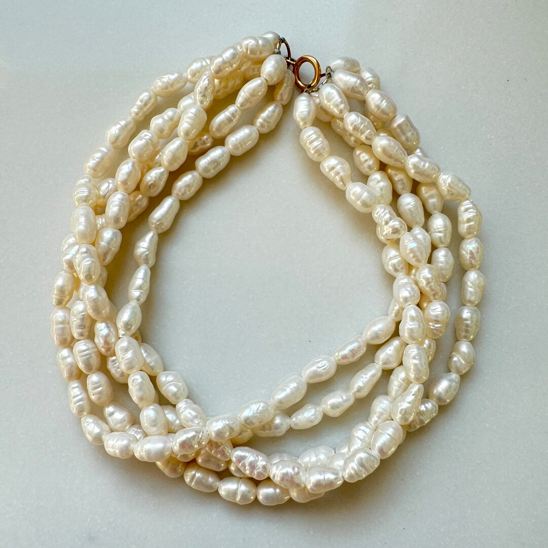 Vintage Rice Pearl Bracelet, 14K Gold Clasp , Five Strands Delicate ...
