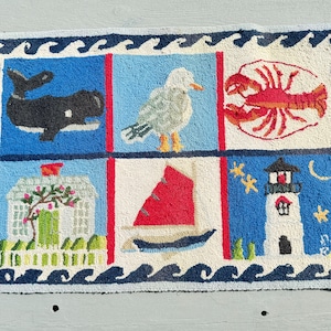 Vintage Hooked Seashore Rug, Six Panel, Lobster, Whale, Lighthouse ...