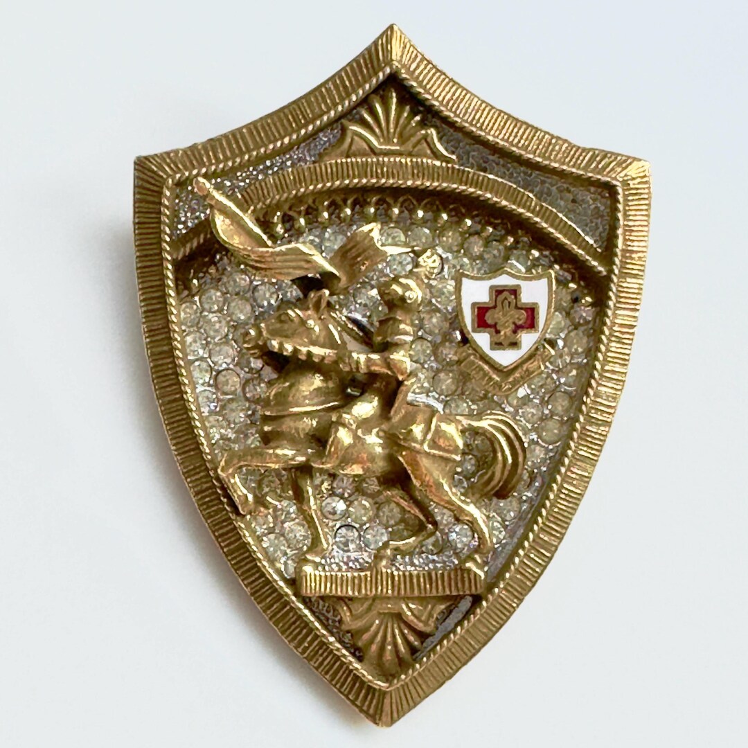 Corocraft Heraldic Brooch, Knight on Rhinestone Shield Pin, Vintage ...