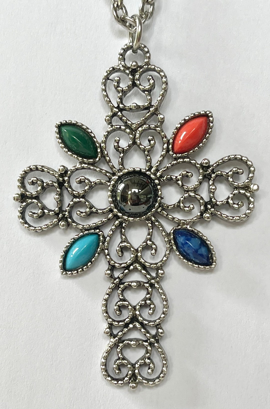 Avon Cross Pendant Necklace, Large Filigree Cross, Faux Gemstones, 24 ...