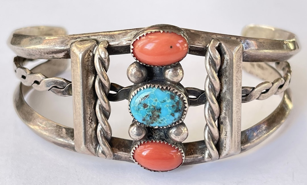 Navajo Sterling Silver Cuff Bracelet, Turquoise and Coral, Native ...