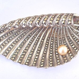 Art Deco Shell Brooch, Sterling Silver Marcasite Shell With Faux Pearl ...